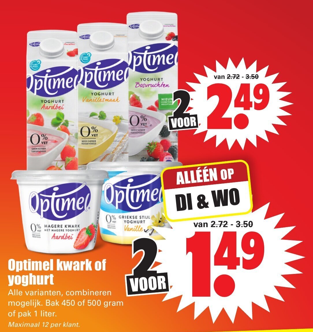Optimel kwark of yoghurt 2*450/500g/1L aanbieding bij Dirk
