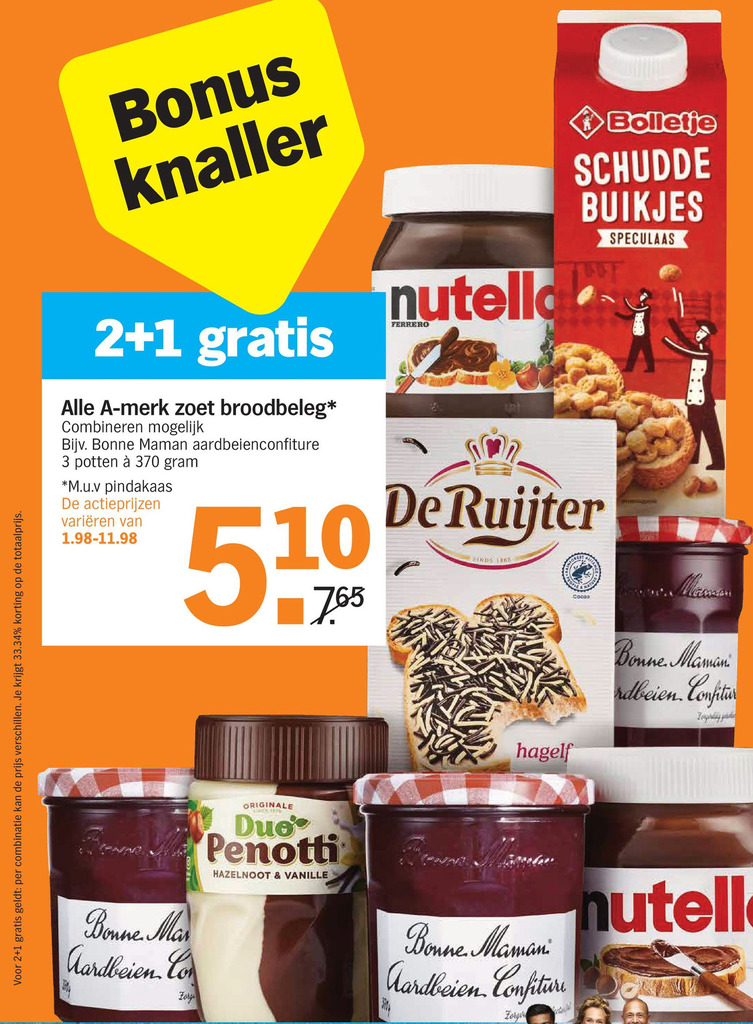 Alle A-merk zoet broodbeleg 2+1 gratis aanbieding bij Albert Heijn