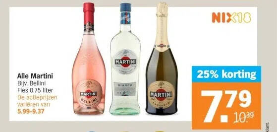 Alle martini bijv. bellini fles 0.75 liter aanbieding bij Albert Heijn