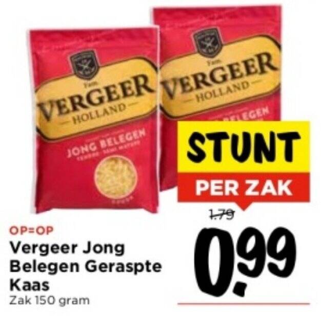 Vergeer Jong Belegen Geraspte Kaas Zak 150 gram aanbieding bij Vomar ...