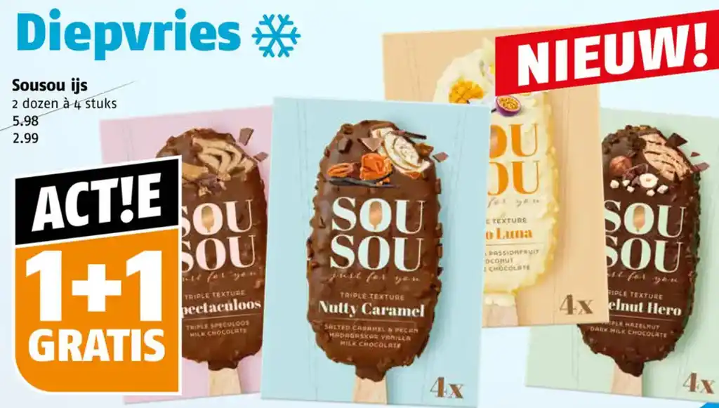 Sousou ijs 2 dozen à 4 stuks aanbieding bij Poiesz