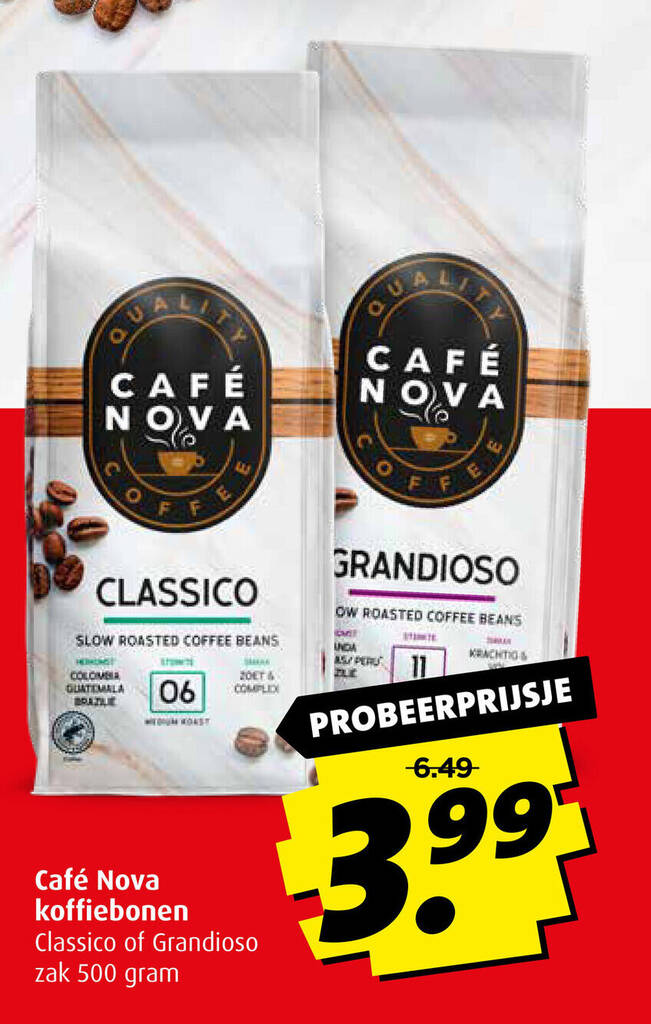 Café Nova koffiebonen Classico of Grandioso zak 500 gram aanbieding bij Boni