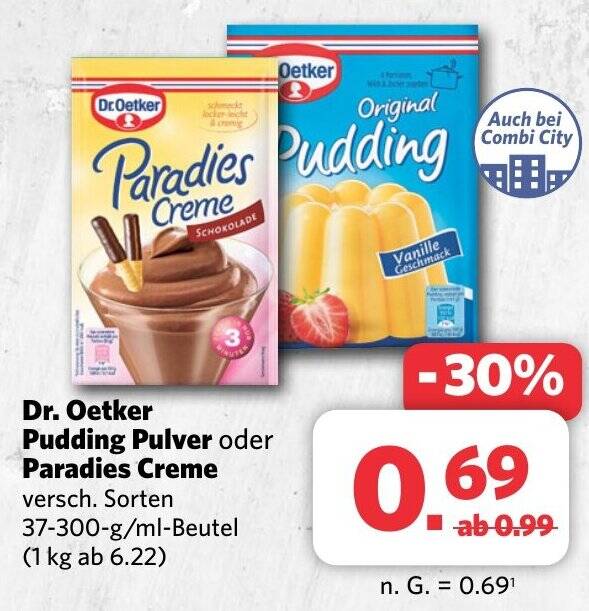 Dr. Oetker Pudding Pulver oder Paradies Creme aanbieding bij Combi Markt DE