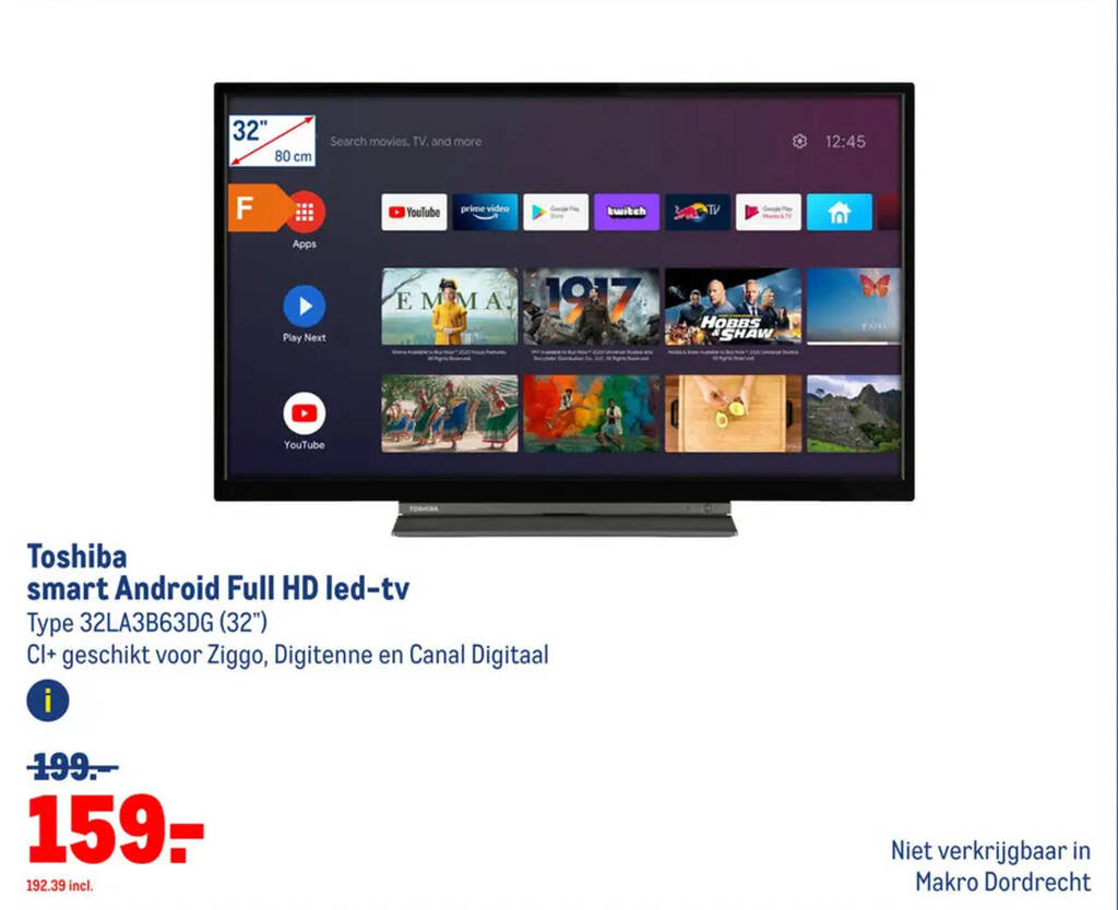 Toshiba smart Android Full HD led-tv aanbieding bij Makro