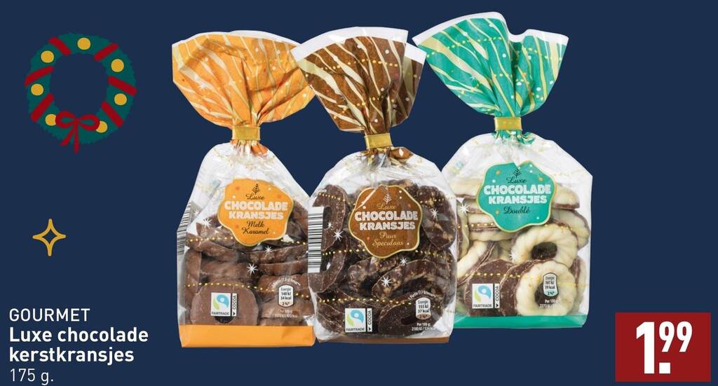 GOURMET Luxe chocolade kerstkransjes 175g aanbieding bij ALDI