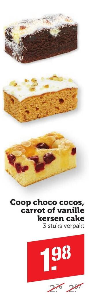 Coop choco cocos, carrot of vanille kersen cake aanbieding bij Coop