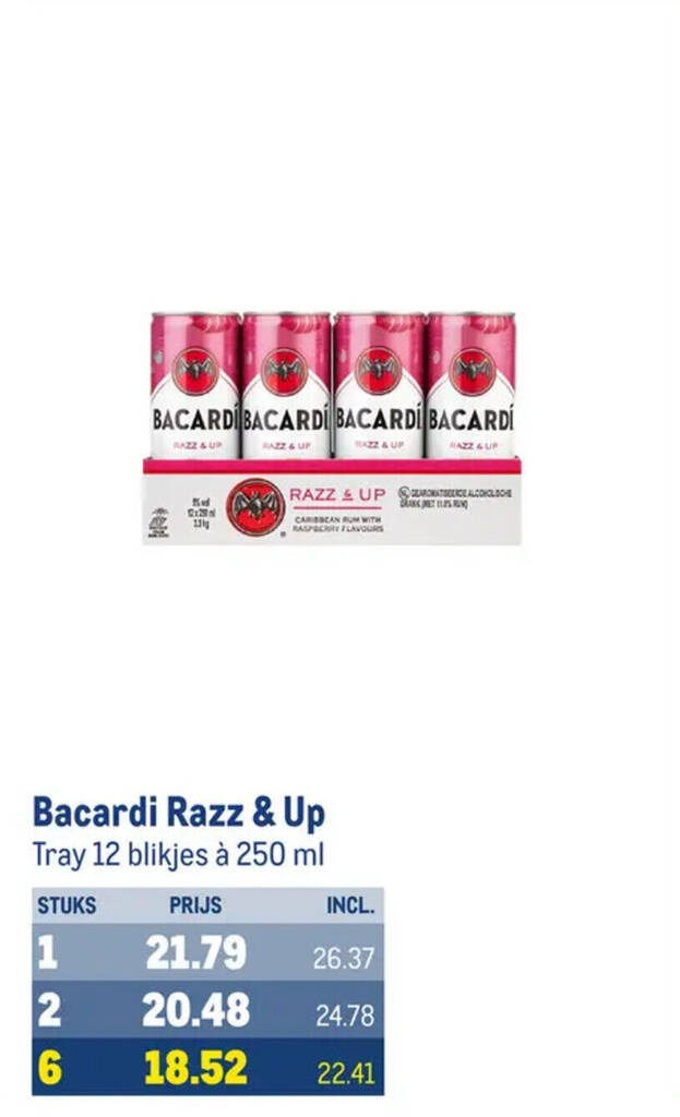 Bacardi Razz & Up Tray 12 blikjes à 250 ml aanbieding bij Makro