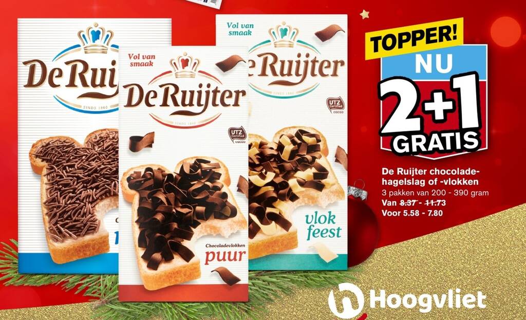 De Ruijter chocolade-hagelslag of -vlokken 3 pakken van 200 - 390 gram ...