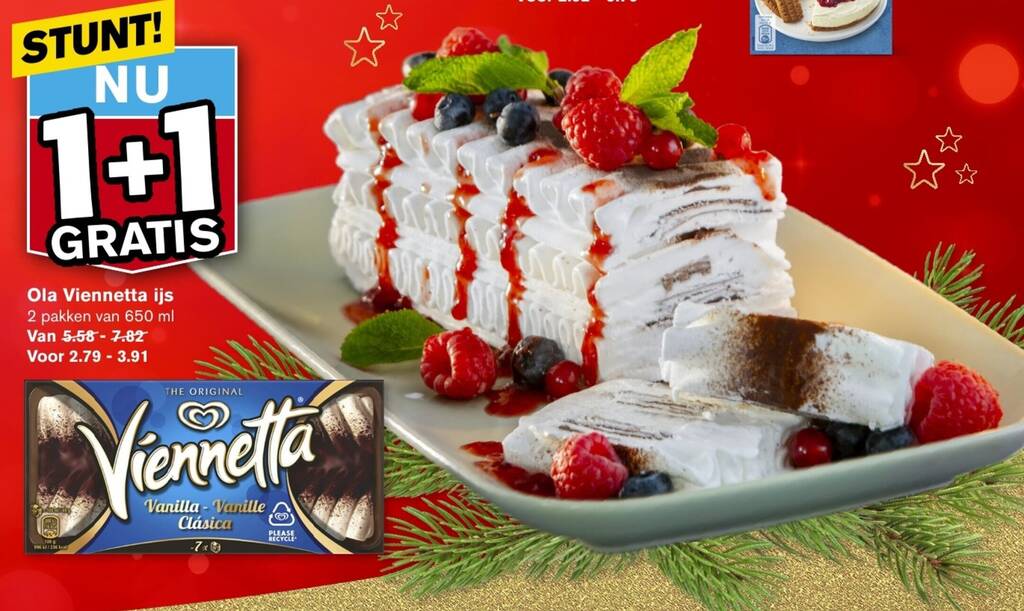 Ola Viennetta ijs 1+1 gratis aanbieding bij Hoogvliet
