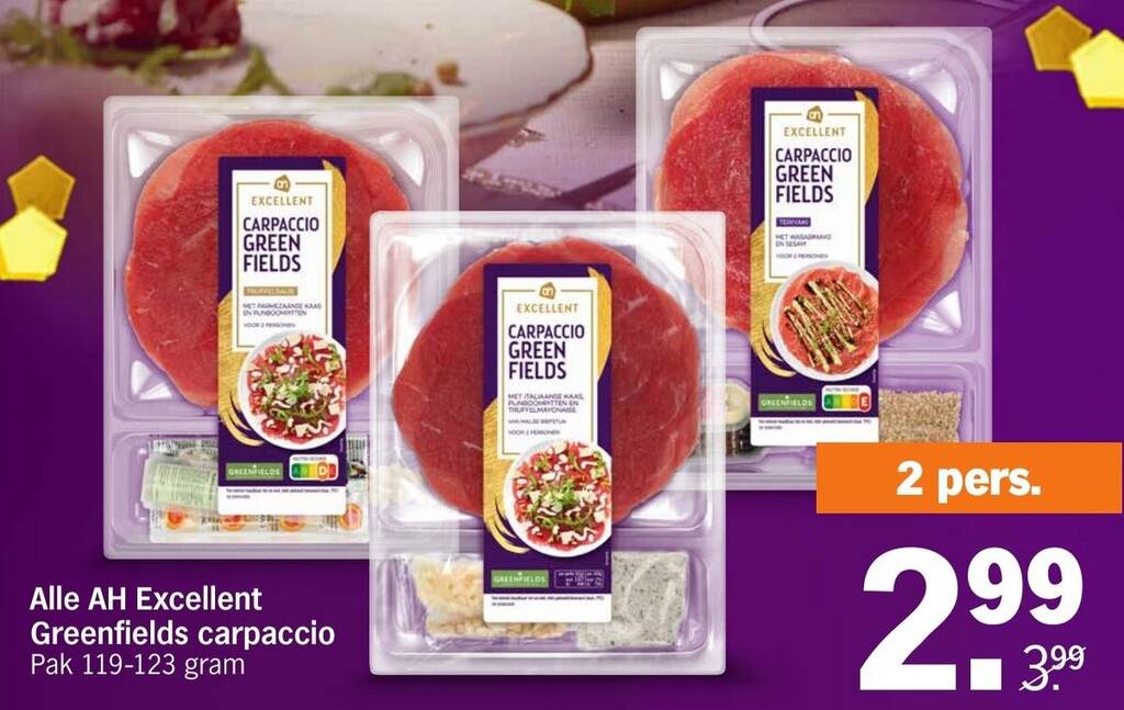 Alle AH Excellent Greenfields carpaccio Pak 119-123 gram aanbieding bij ...