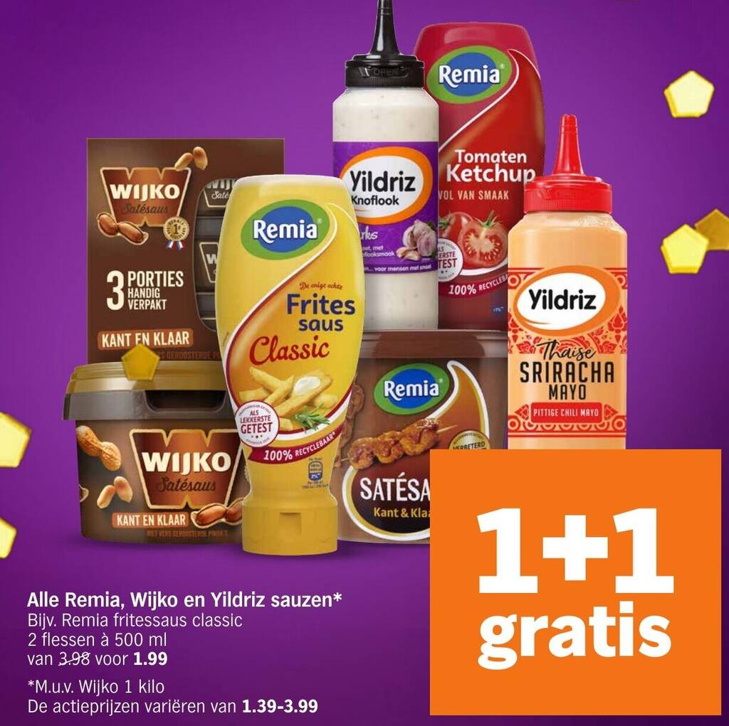 Alle Remia, Wijko en Yildriz sauzen 1+1 gratis aanbieding bij Albert Heijn