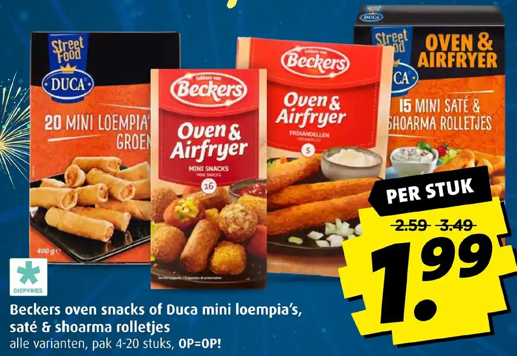 Beckers oven snacks of Duca mini loempia's, saté & shoarma rolletjes ...