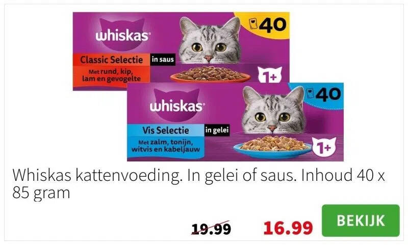 Whiskas kattenvoeding. in gelei of saus. inhoud 40 x 85 gram aanbieding ...