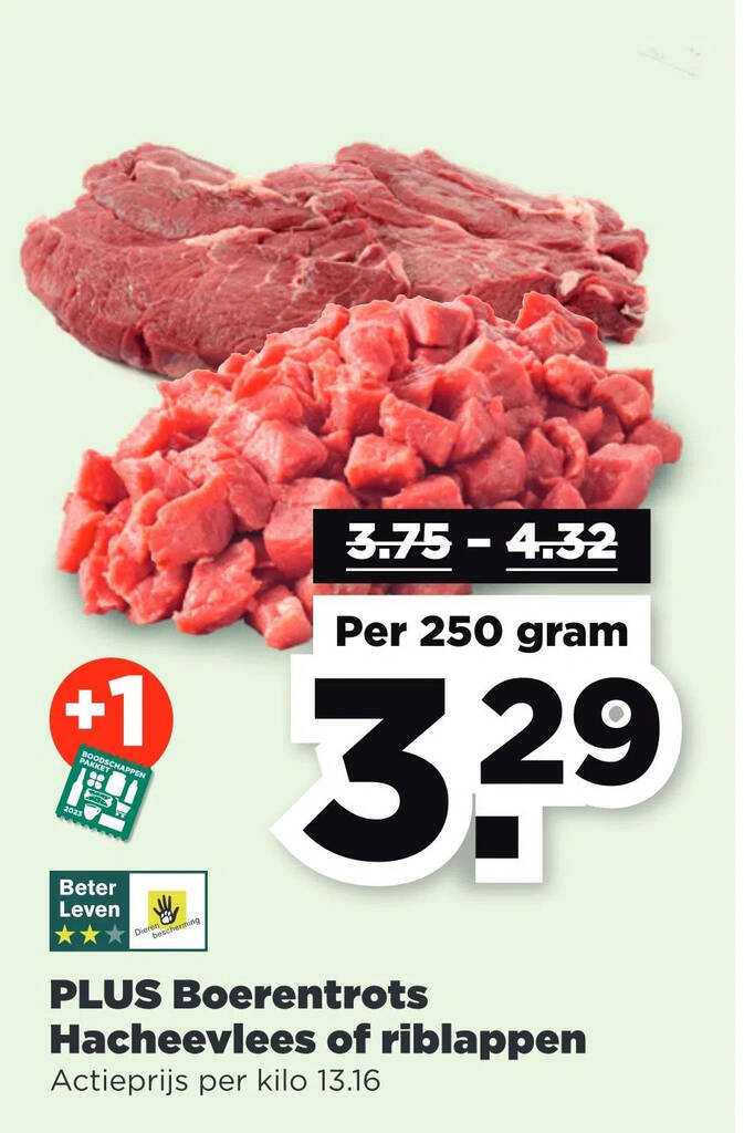 Plus boerentrots hacheevlees of riblappen aanbieding bij PLUS