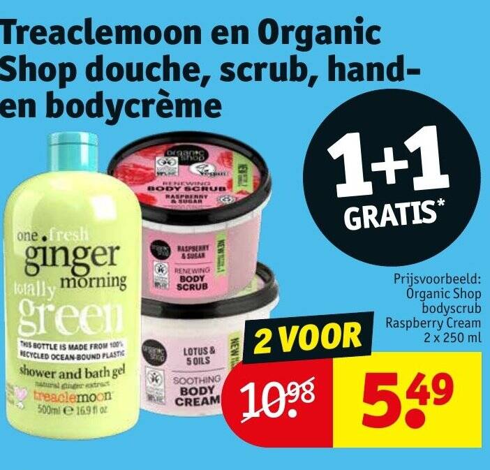 Treaclemoon en Organic Shop douche, scrub, hand en bodycrème 1+1 gratis ...