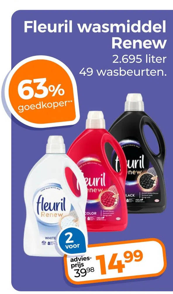 Fleuril wasmiddel renew 2.695 liter aanbieding bij Trekpleister