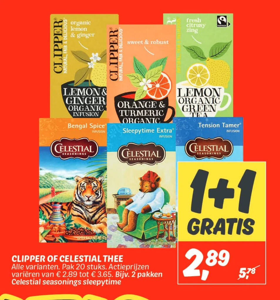 Clipper of celestial thee 1+1 gratis aanbieding bij Dekamarkt