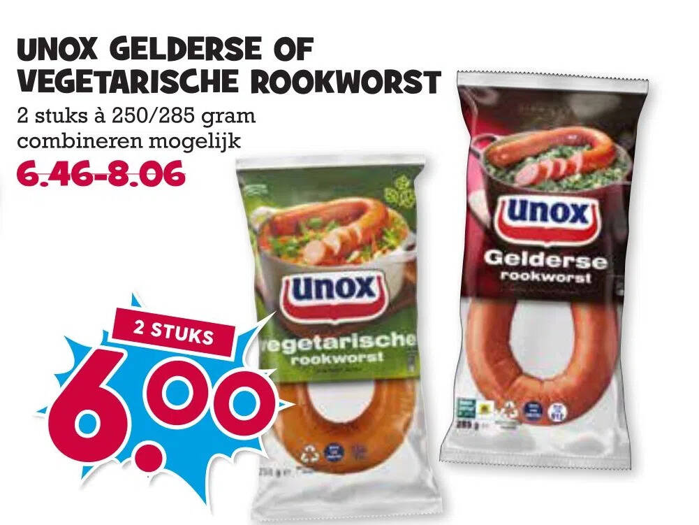 Unox gelderse of vegetarische rookworst aanbieding bij Boon`s Markt