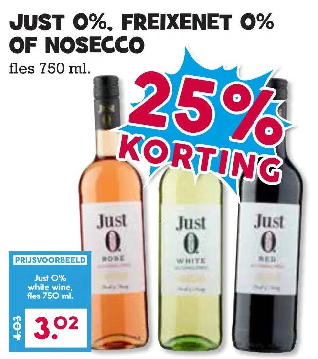 Just 0%, freixenet 0% of nosecco aanbieding bij Boon`s Markt