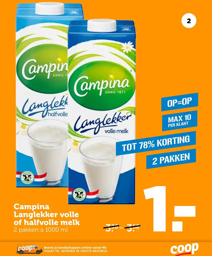 Campina Langlekker volle of halfvolle melk 2 pakken a 1000ml aanbieding bij Coop