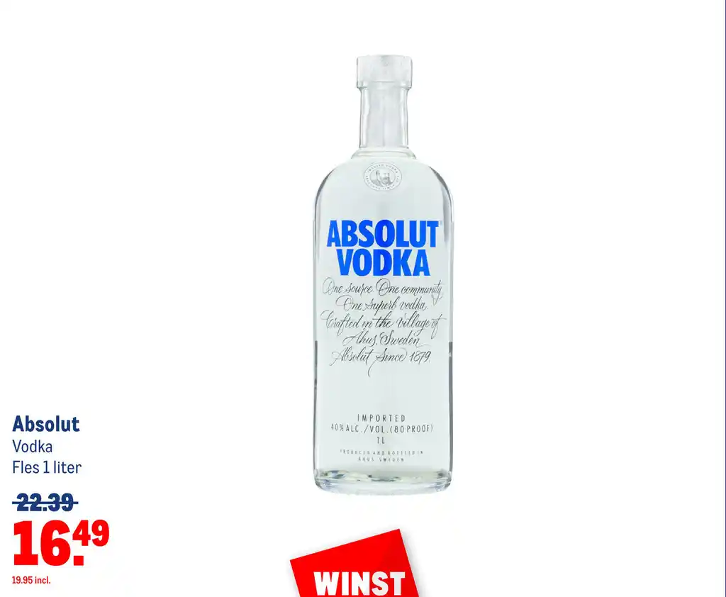 Absolut Vodka Fles 1 liter aanbieding bij Makro