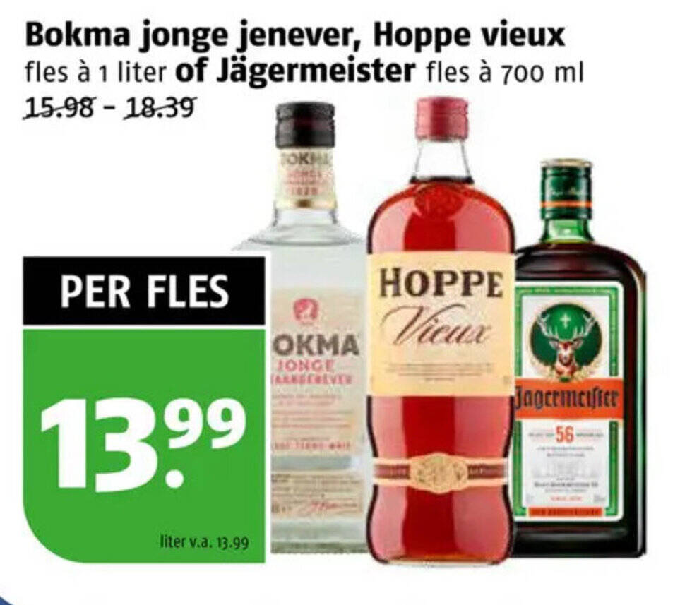 Bokma jonge jenever, Hoppe vieux fles à 1 liter of Jägermeister ...