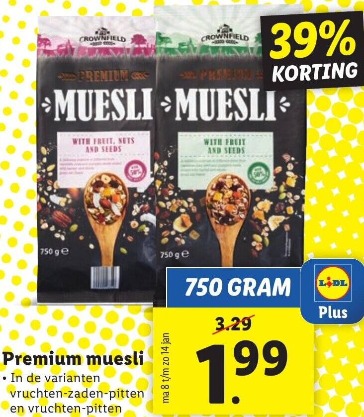 Premium muesli 750 gram aanbieding bij Lidl
