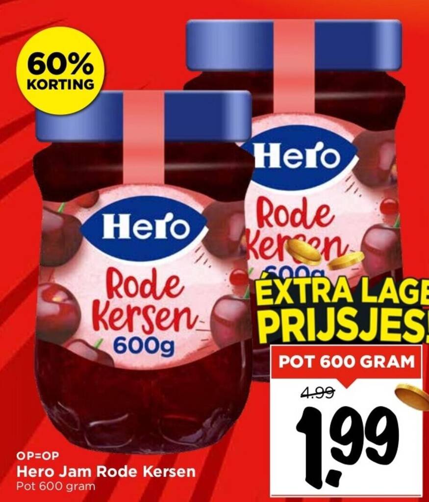Hero Jam Rode Kersen Pot 600 gram aanbieding bij Vomar Voordeelmarkt