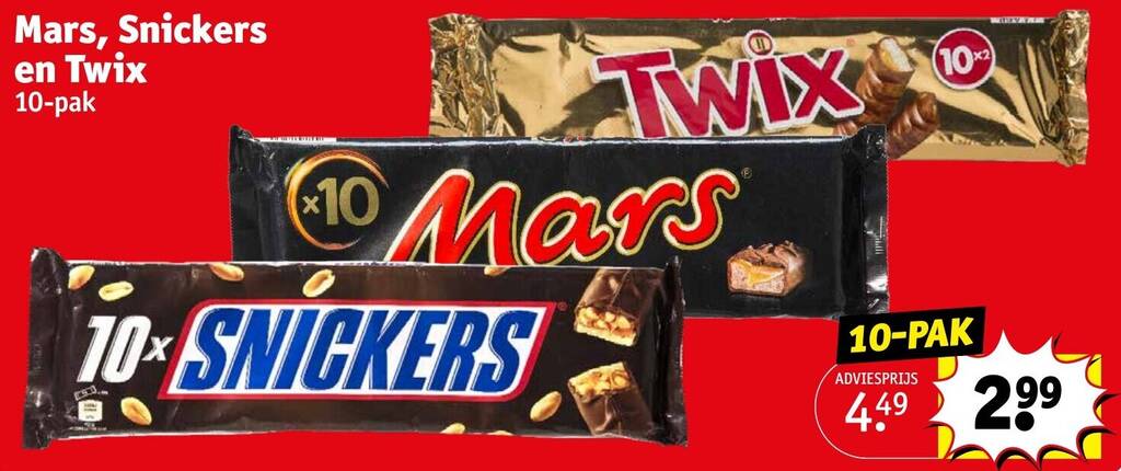 Mars, Snickers en Twix 10-pak aanbieding bij Kruidvat