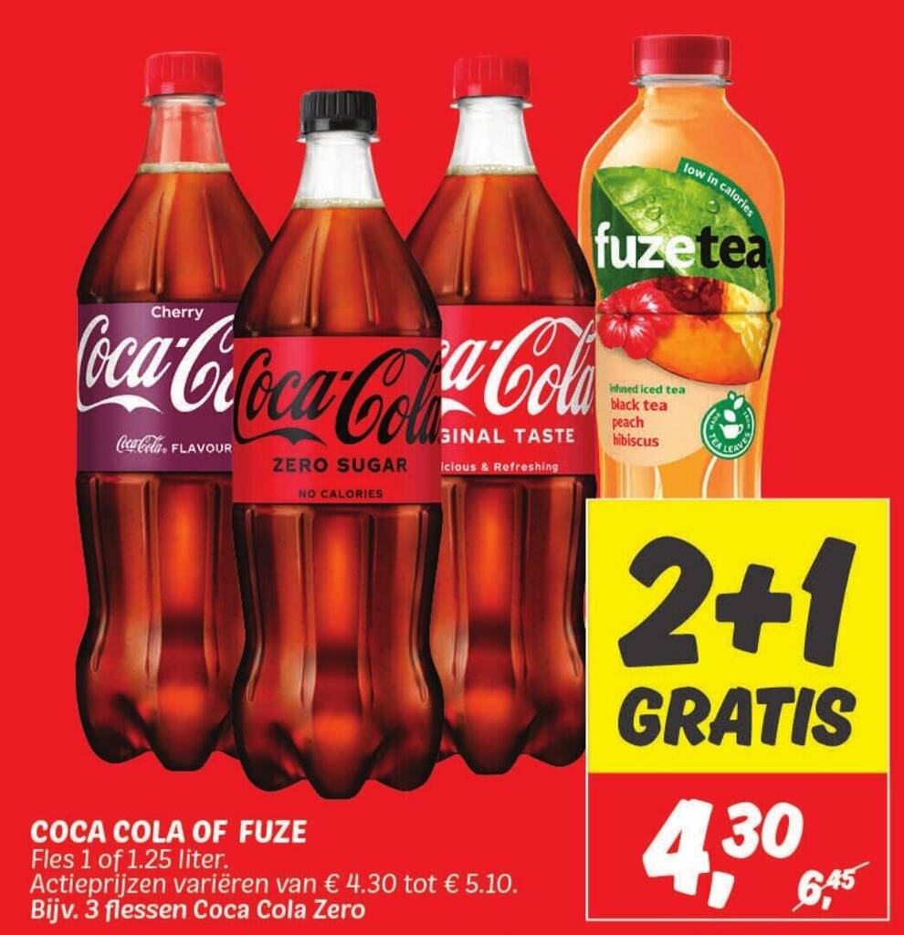 COCA COLA OF FUZE Fles 1 of 1.25 liter 2+1 gratis aanbieding bij Dekamarkt