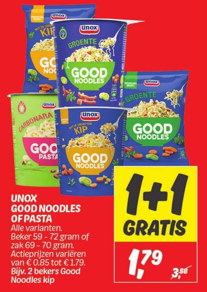 UNOX GOOD NOODLES OF PASTA 1+1 gratis aanbieding bij Dekamarkt