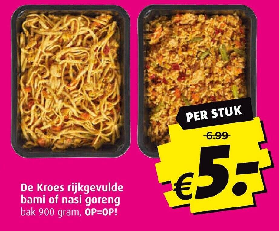 De Kroes rijkgevulde bami of nasi goreng bak 900 gram, aanbieding bij Boni