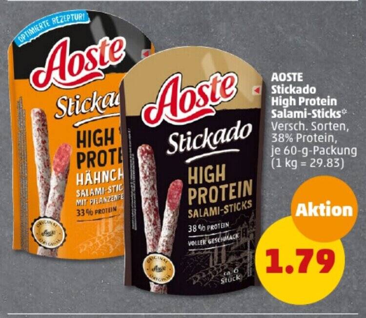 AOSTE Stickado High Protein Salami-Sticks aanbieding bij PENNY DE
