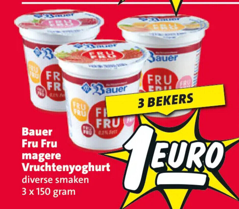 Bauer Fru Fru magere Vruchtenyoghurt 3 x 150 gram aanbieding bij Nettorama
