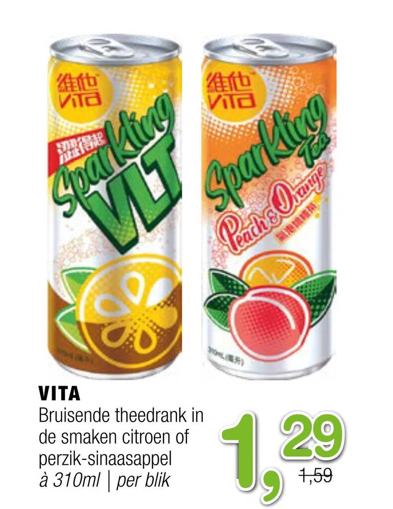 Vita bruisende theedrank in de smaken citroen of perzik-sinaasappel ...