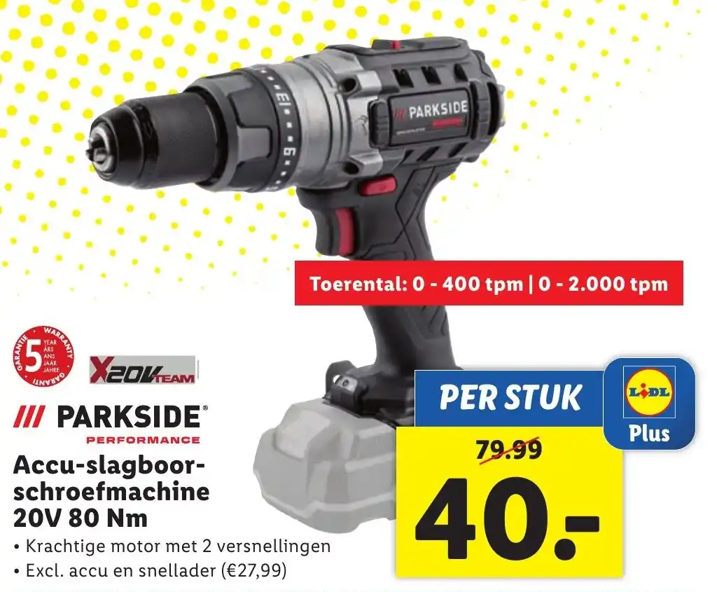Accu slagboor schroefmachine 20V 80 Nm aanbieding bij Lidl