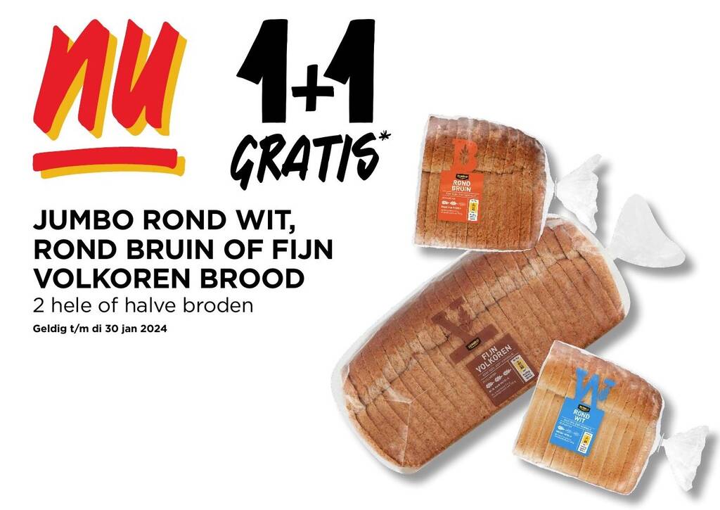 ROND WIT, ROND BRUIN OF FIJN VOLKOREN BROOD 1+1 GRATIS aanbieding bij Jumbo