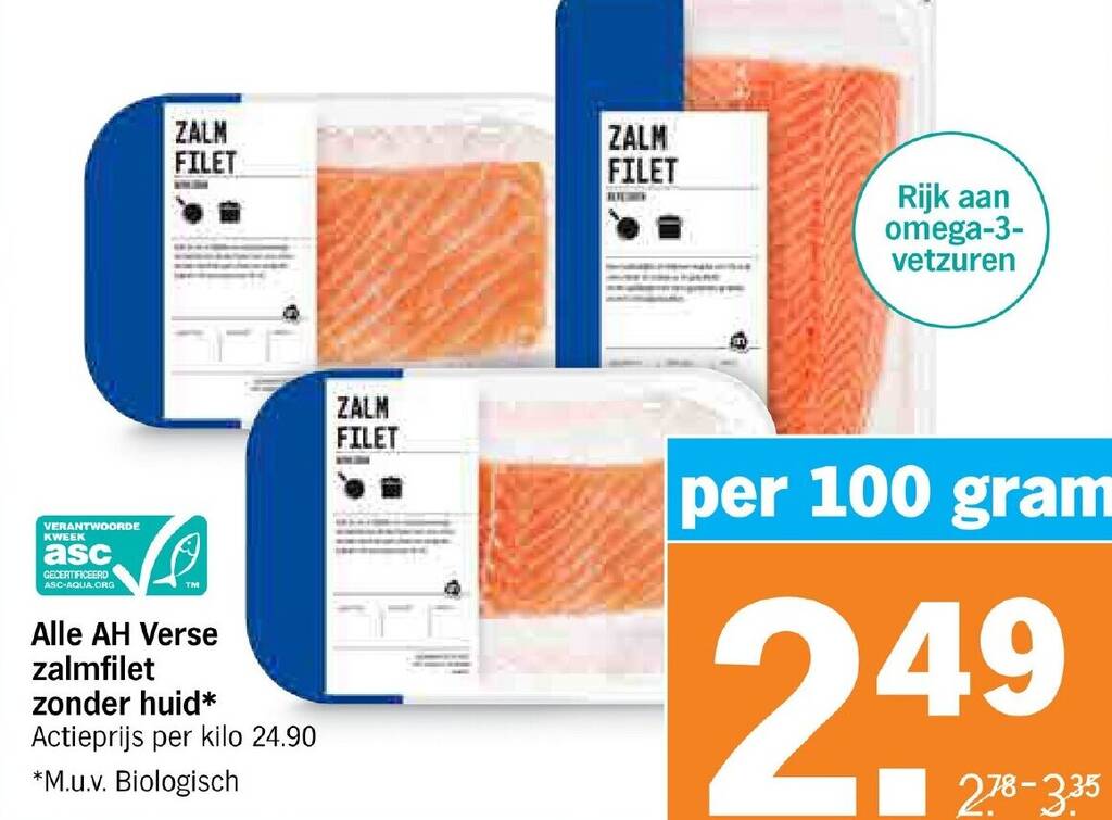 Alle AH Verse zalmfilet zonder huid 100g aanbieding bij Albert Heijn