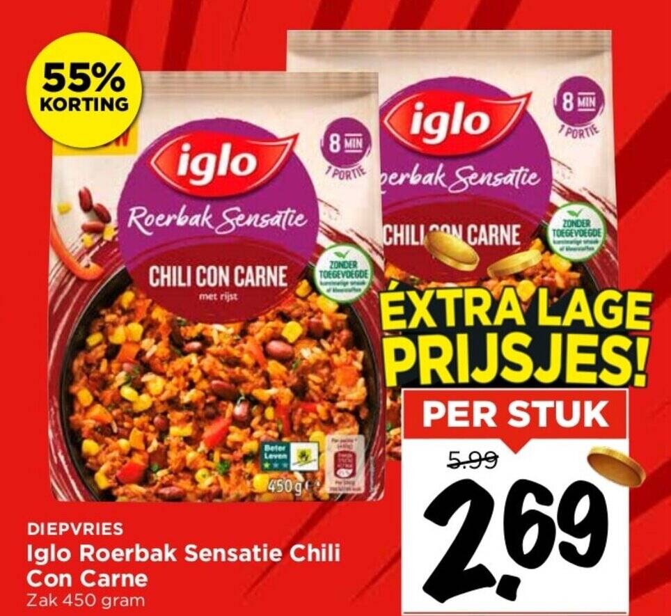 Iglo roerbak sensatie chili con carne aanbieding bij Vomar Voordeelmarkt