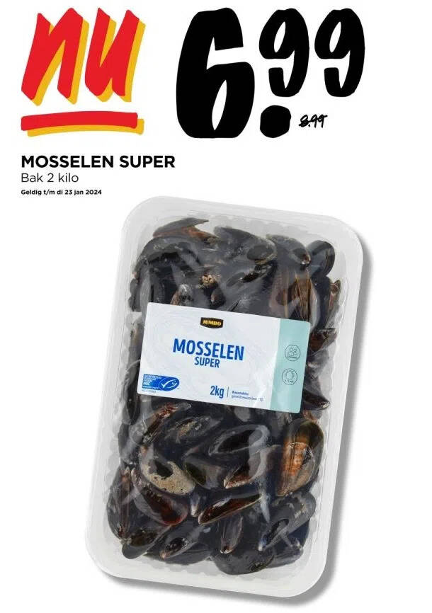 Mosselen super bak 2 kilo geldig t/m di 23 jan 2024 aanbieding bij Jumbo