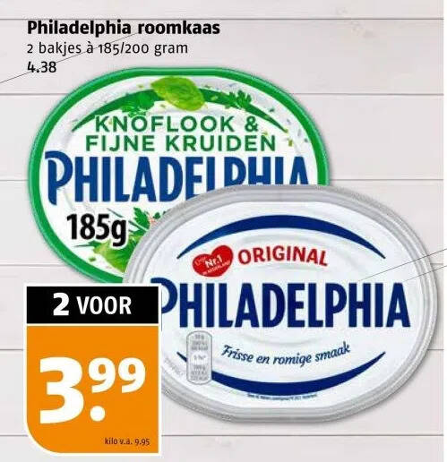 Philadelphia roomkaas 2 bakjes à 185/200 gram 4.38 aanbieding bij Poiesz