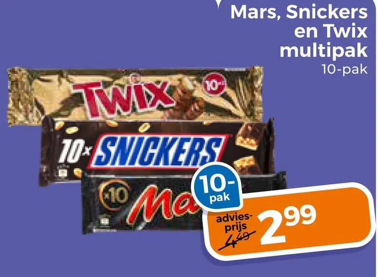 Mars, snickers en twix multipak aanbieding bij Trekpleister