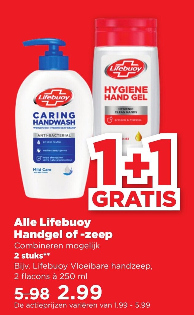 Lifebuoy handgel of -zeep aanbieding bij PLUS