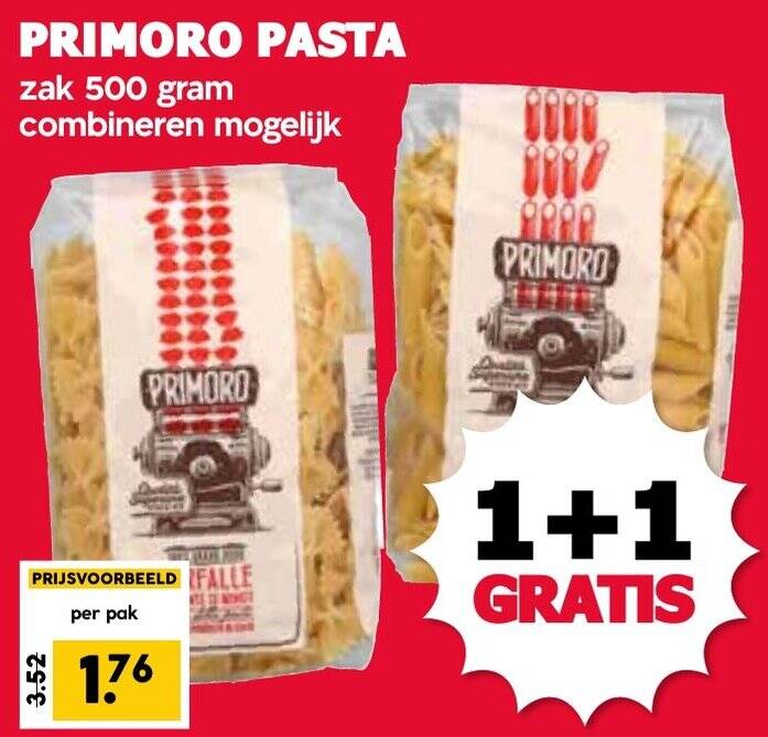 PRIMORO PASTA 500g 1+1 gratis aanbieding bij De Boerenschuur