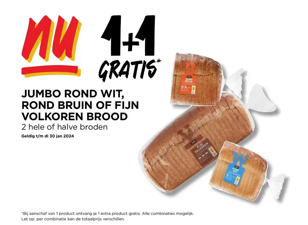 JUMBO ROND WIT, ROND BRUIN OF FIJN VOLKOREN BROOD aanbieding bij Jumbo