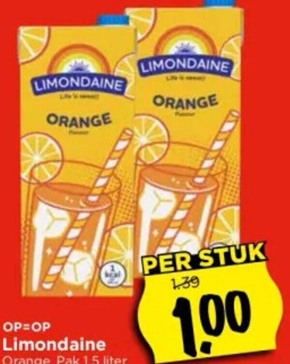 Limondaine Orange. Pak 1.5 liter aanbieding bij Vomar Voordeelmarkt