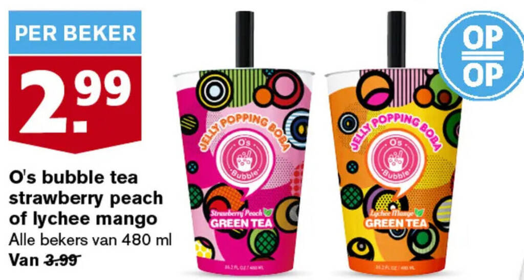 O's bubble tea strawberry peach of lychee mango aanbieding bij Hoogvliet