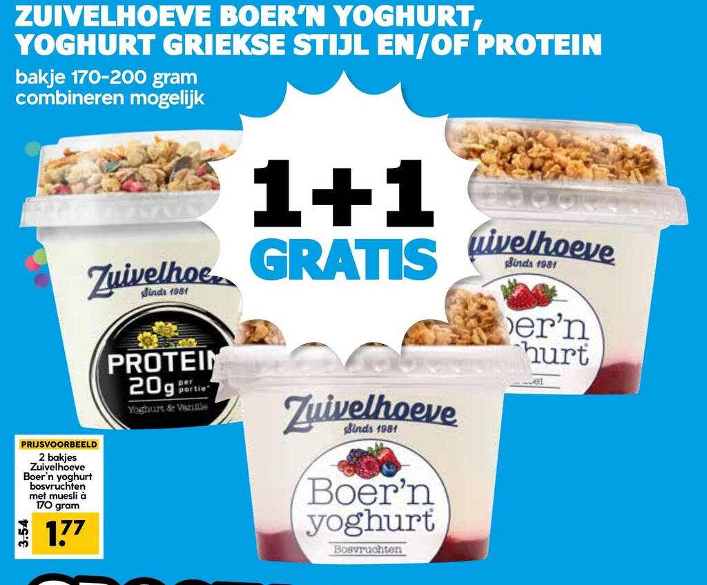 Zuivelhoeve boer'n yoghurt, yoghurt griekse stijl en/of protein 1+1 ...