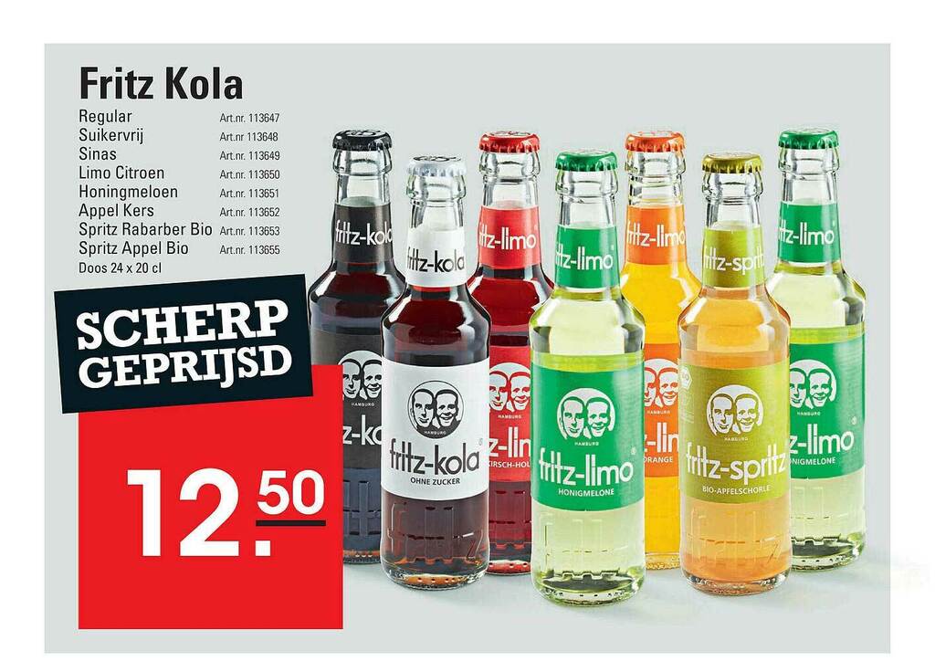 Fritz Kola Regular, Suikervrij, Sinas, Limo Citroen, Honingmelen, Appel ...