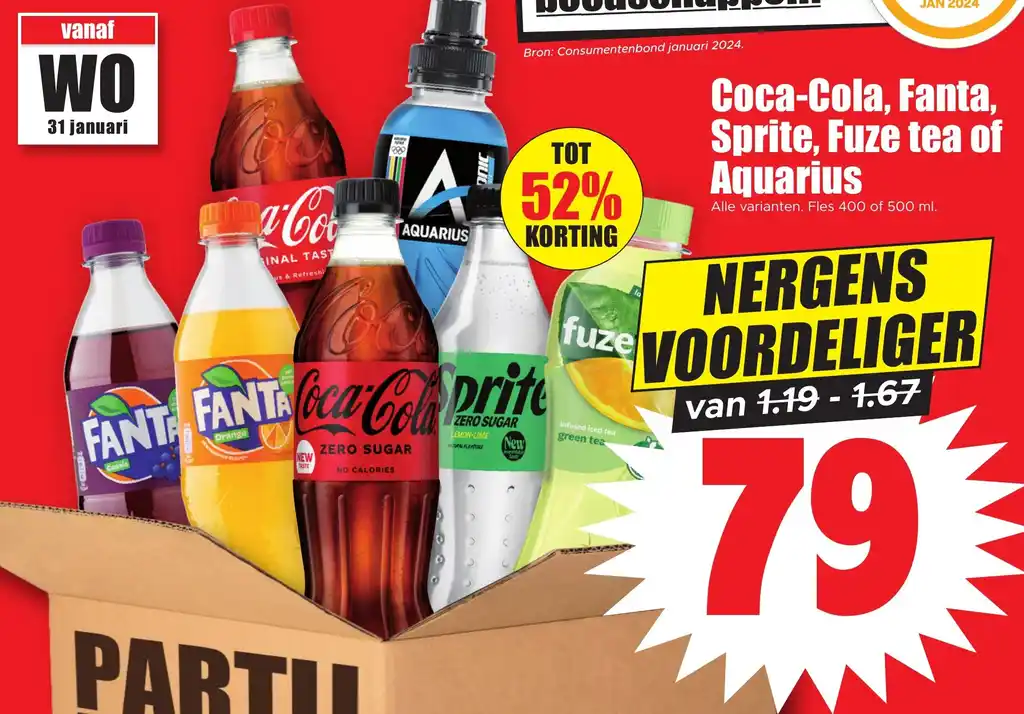 Coca-Cola, Fanta, Sprite, Fuze tea of Aquarius aanbieding bij Dirk